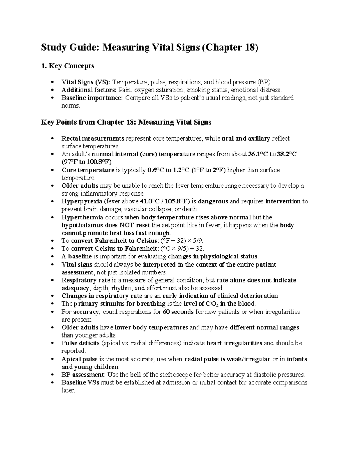 Study Guide: Measuring Vital Signs (Chapter 18) - Key Concepts ...
