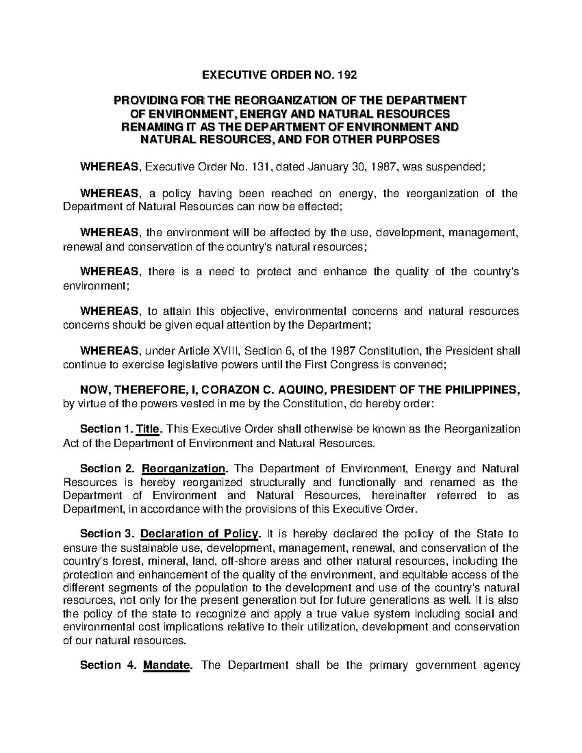 Executive Order No. 192: Reorganization of DENR for Environmental ...