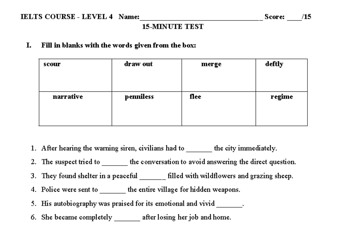 IELTS COURSE LEVEL 4: TEST I Fill-in-the-Blanks & Definitions - Studocu