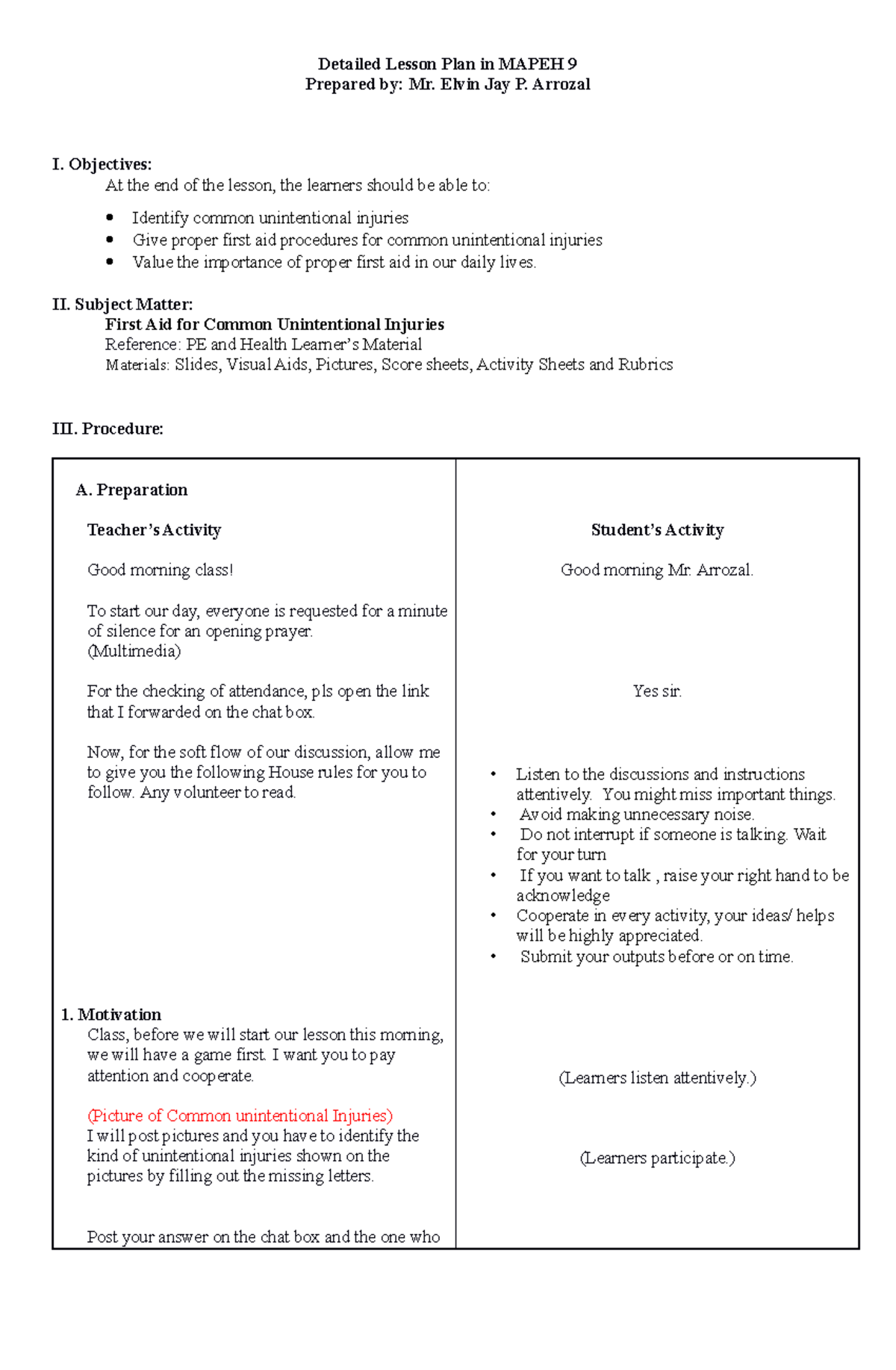 Detailed MAPEH 9 Lesson Plan: First Aid for Unintentional Injuries - Studocu