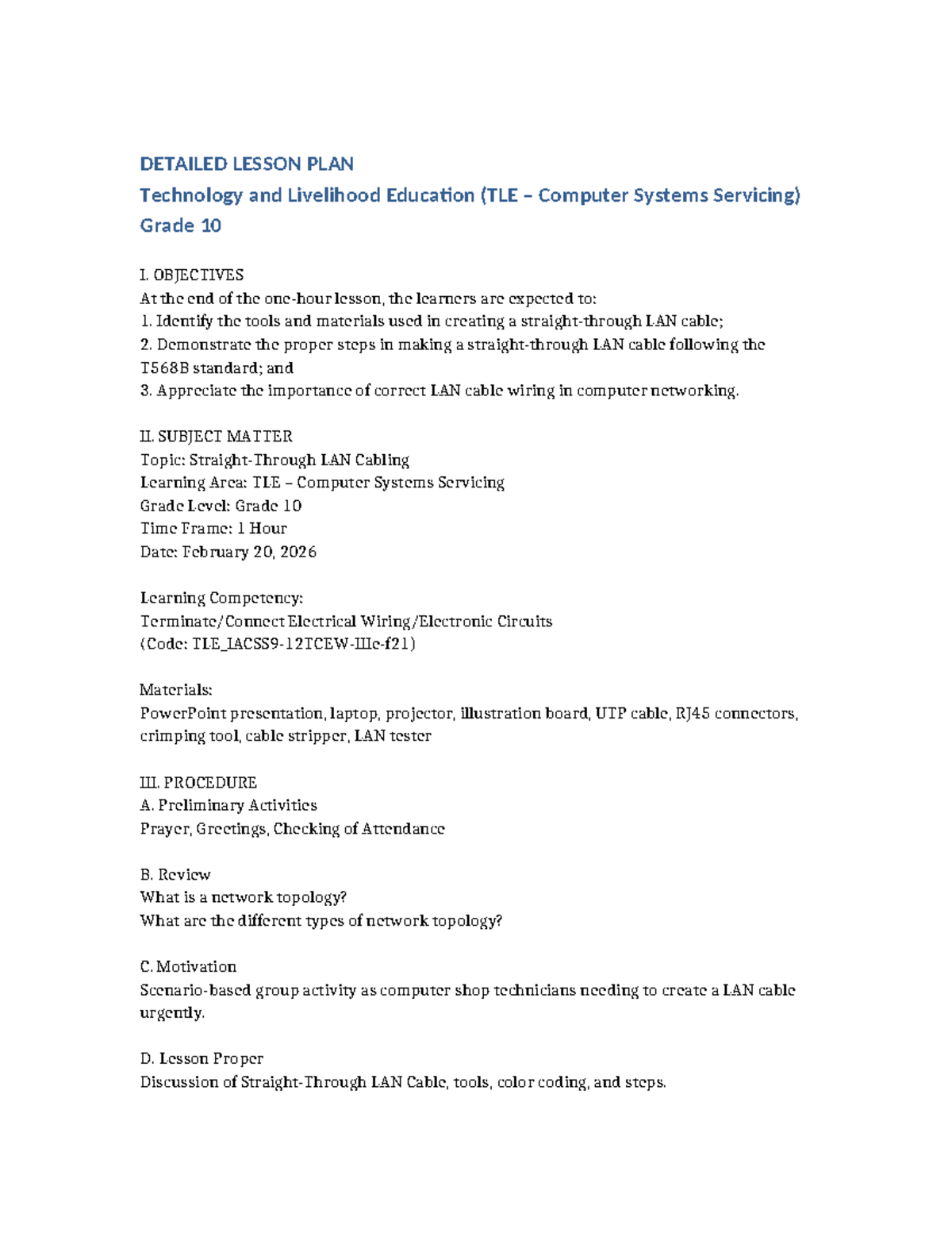 Detailed Lesson Plan: TLE Computer Systems Servicing (Grade 10) - Studocu