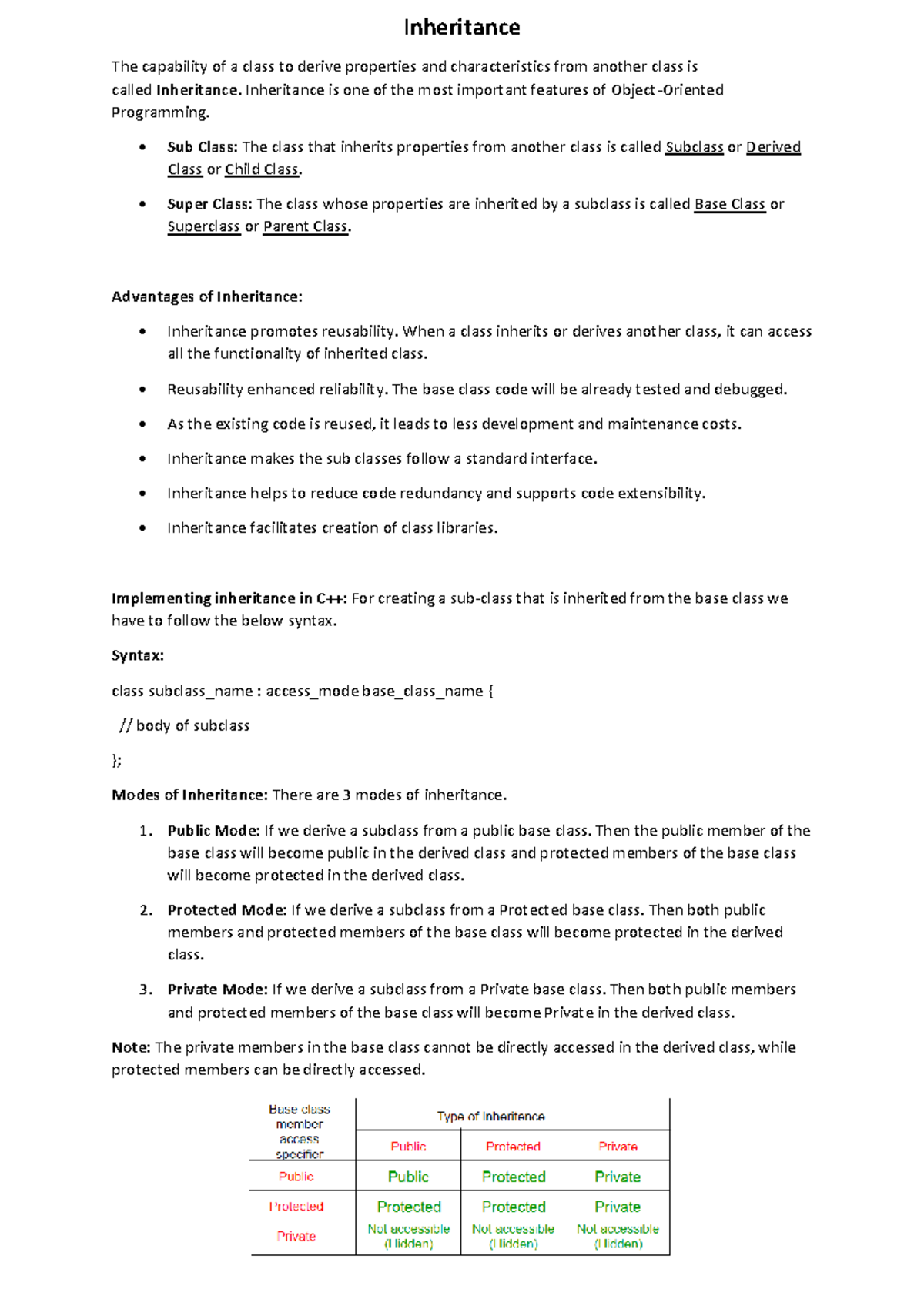 Inheritance Concepts and Implementation in CPP - Study Notes - Studocu