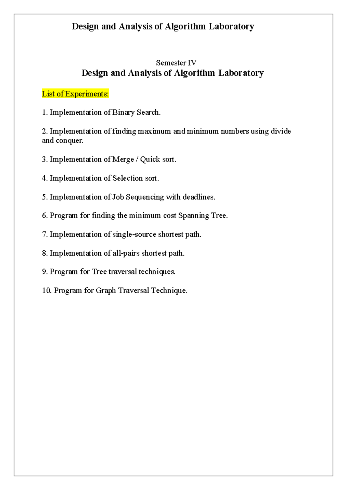 DAA Lab Manual - Semester IV Design & Analysis of Algorithms - Studocu