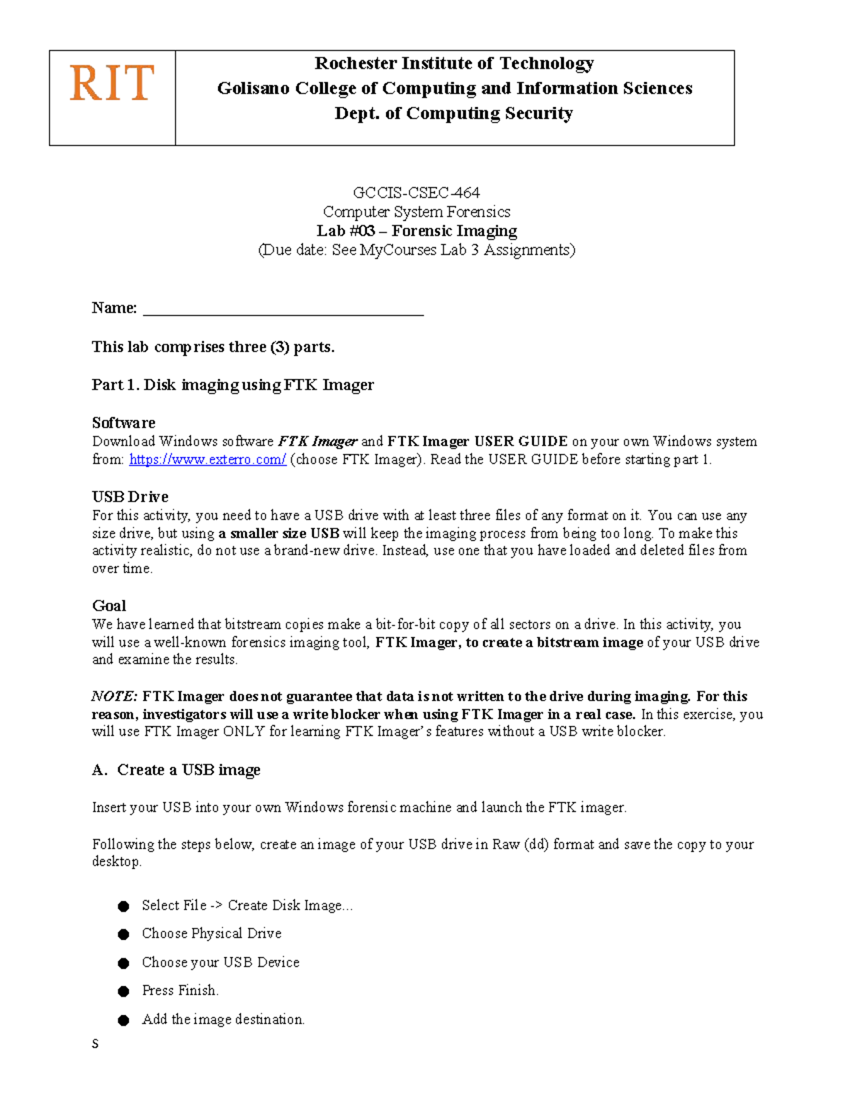 GCCIS-CSEC-464 Lab 03: Forensic Imaging with FTK Imager & LiME - Studocu