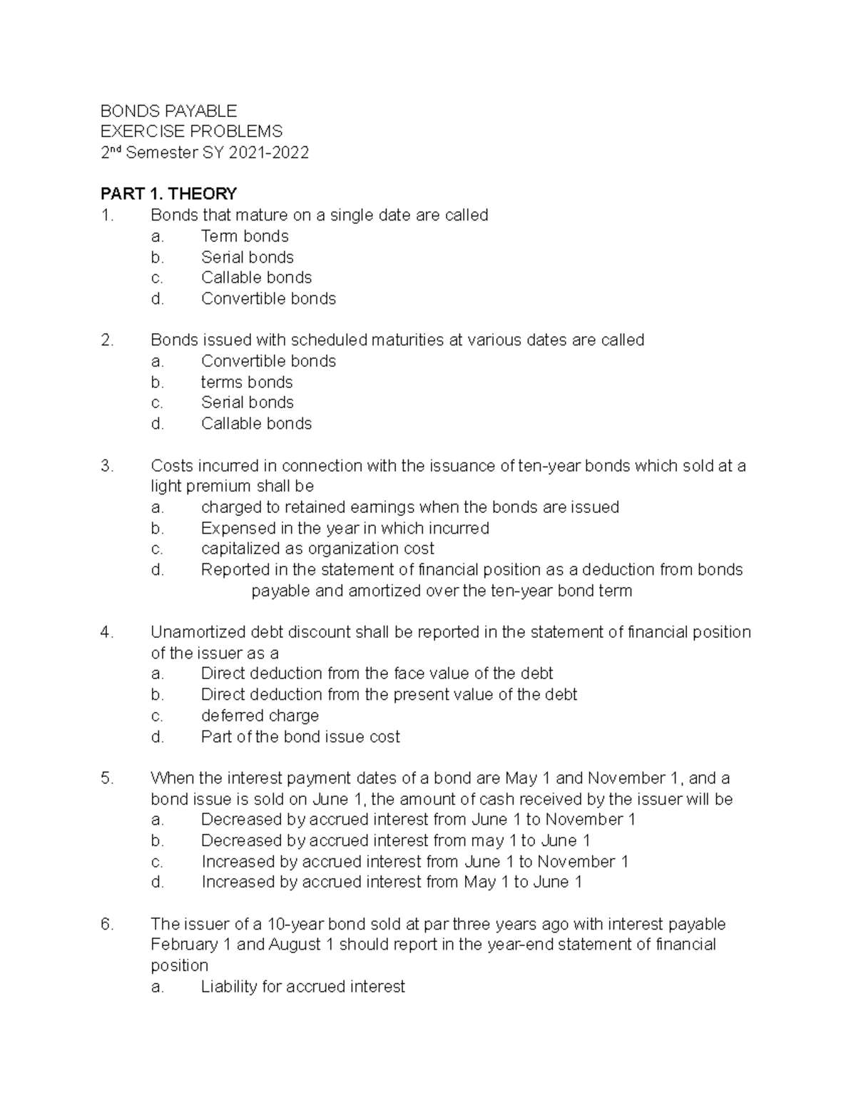 Bonds Payable-exercise problems - BONDS PAYABLE EXERCISE PROBLEMS 2 nd Semester SY 2021- PART 1 ...