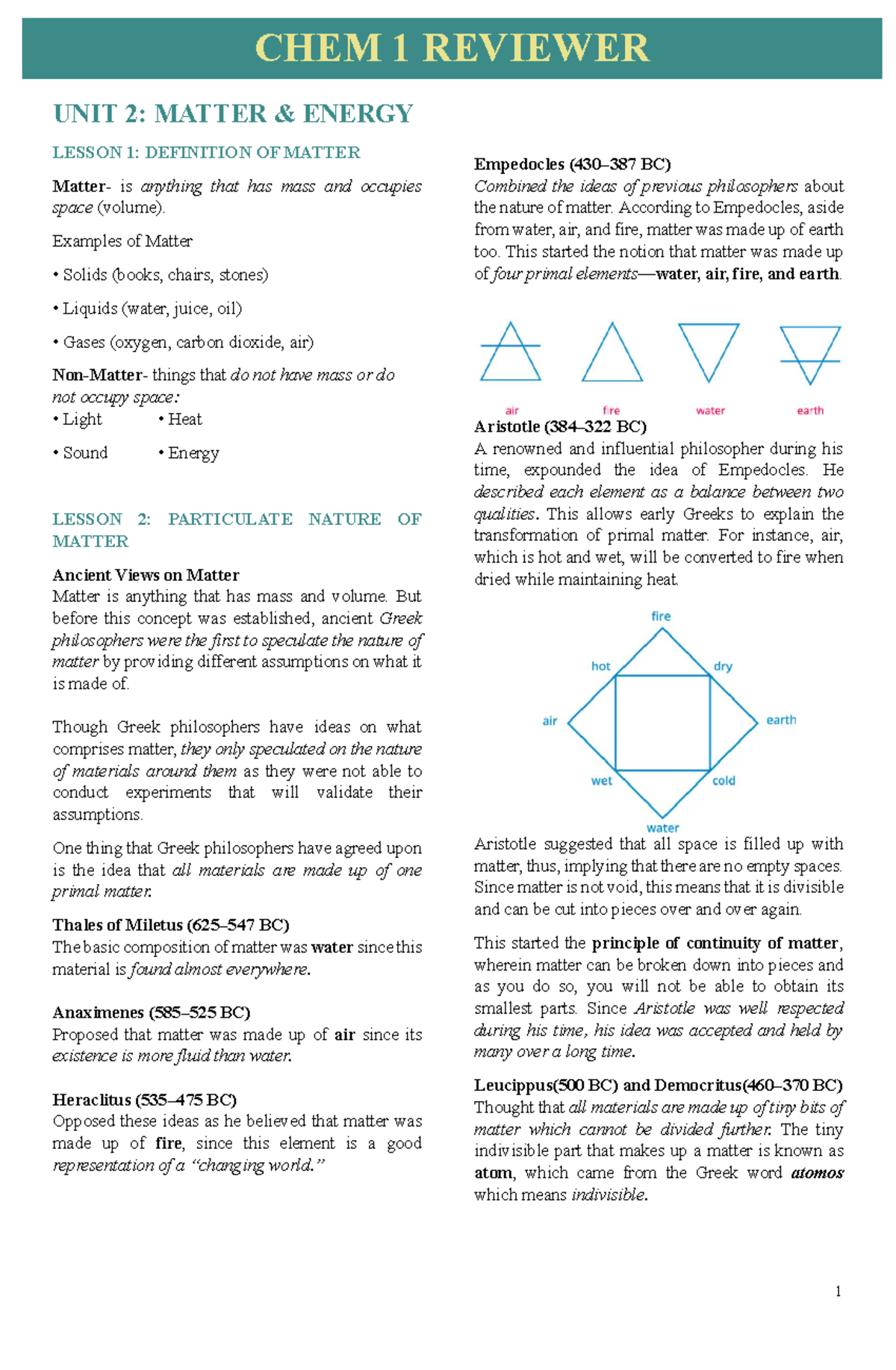 CHEM 1 REVIEWER: UNIT 2 - MATTER & ENERGY LESSONS 1-7 - Studocu