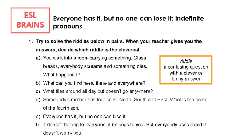 Indefinite Pronouns: Riddles and Exercises for ESL Learners - Studocu