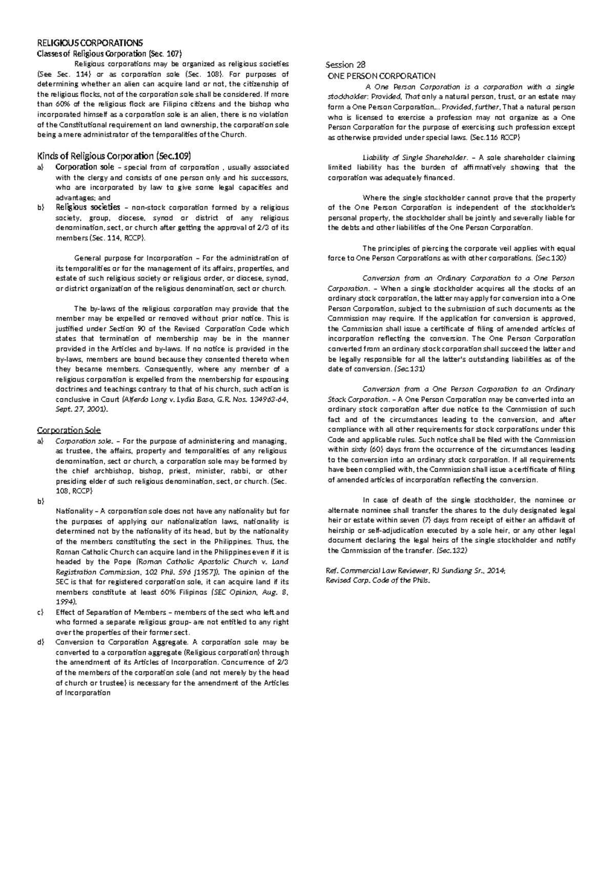 RELIGIOUS CORPORATIONS: Classes, Types, and Legal Framework (Sec. 107 ...