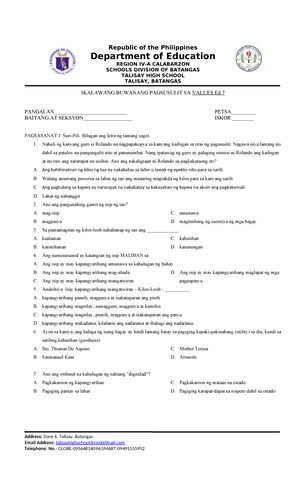 Maikling Pagsusulit (Grade 8 &10) - Maikling Pagsusulit sa Filipino 8 ...