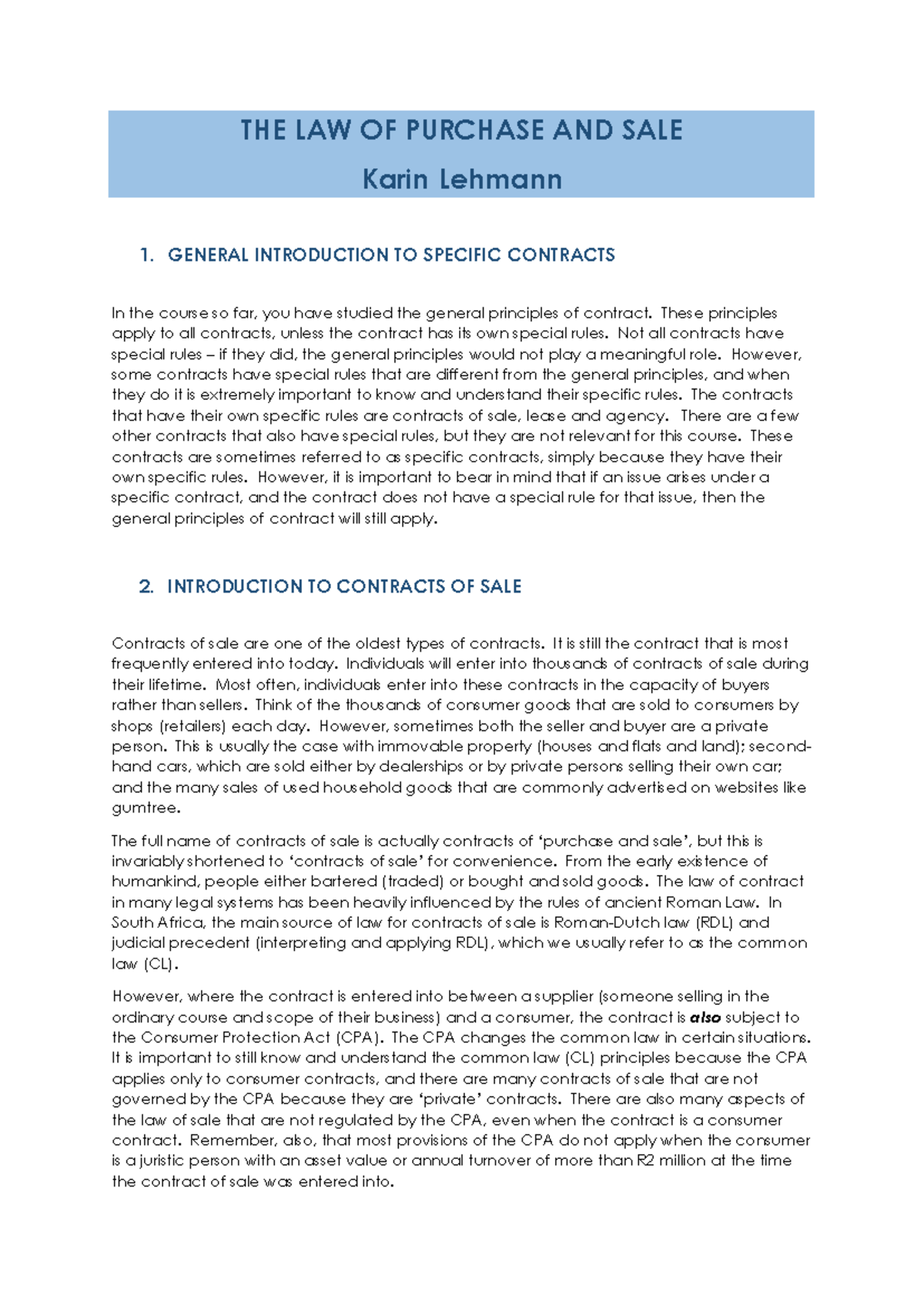 Part D - Law of Sale Notes - THE LAW OF PURCHASE AND SALE Karin Lehmann ...