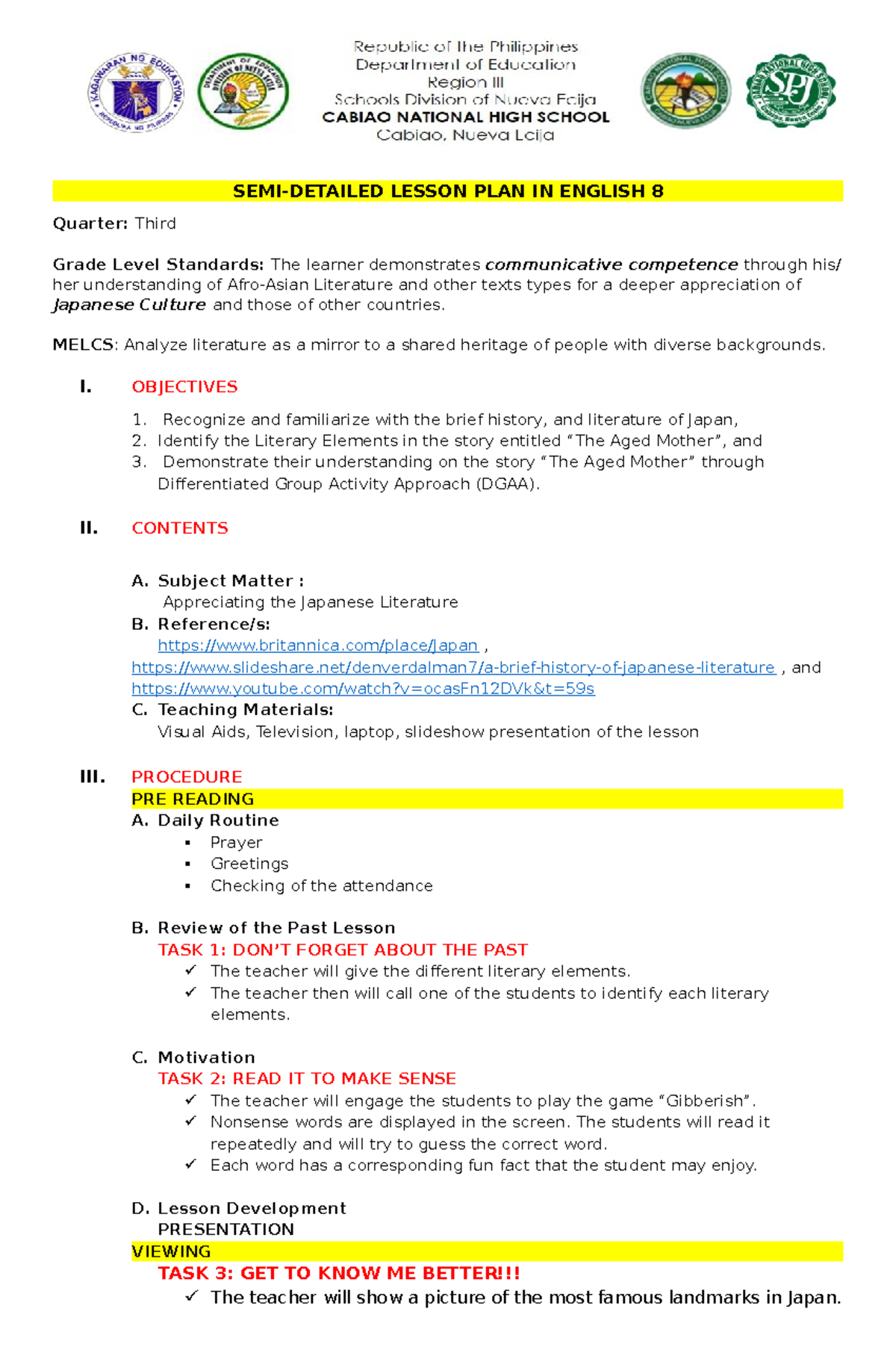 English 8 - Semi-Detailed Lesson Plan: Appreciating Japanese Literature ...