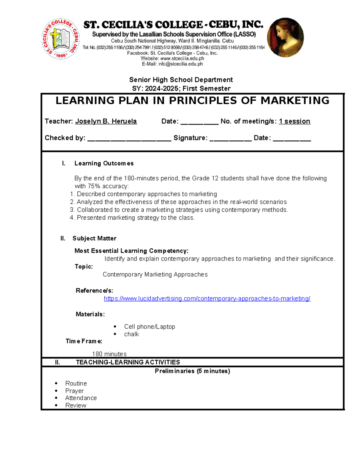 Principles of Marketing Lesson Plan (SY 2024-2025) - Studocu