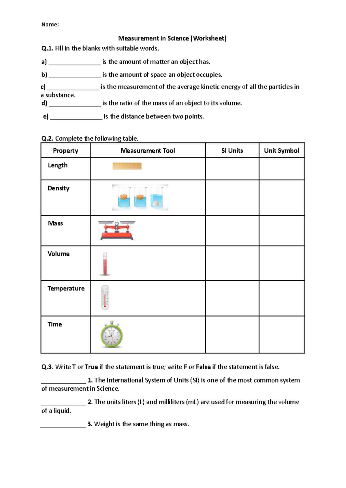 Measurement in Science (Worksheet) - Fill in the Blanks & True/False ...