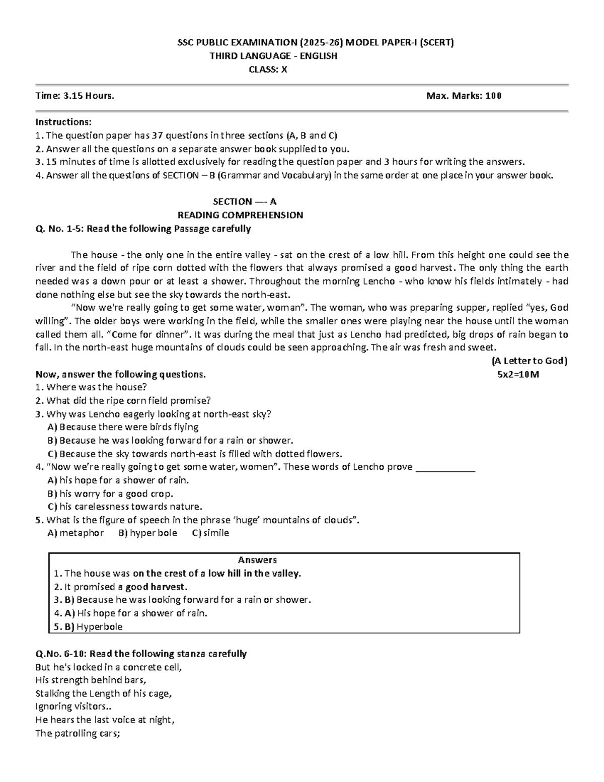 SSC MODEL EXAMINATION PAPER (SCERT) FOR THIRD LANGUAGE ENGLISH CLASS X ...