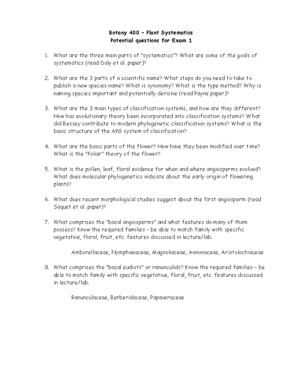 Botany 400: Exam 1 Questions on Plant Systematics and Classification ...