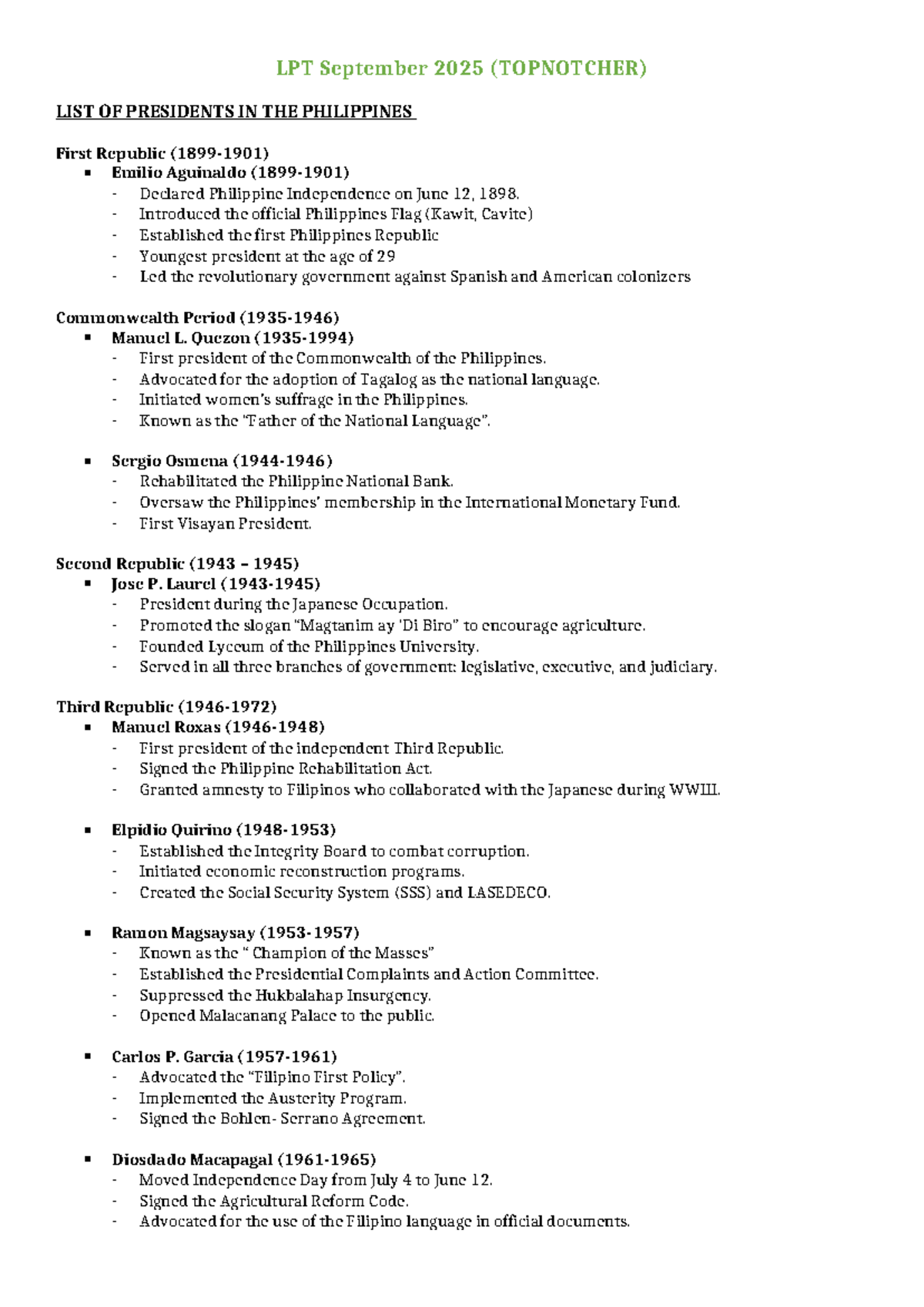 LPT September 2025: Gen Ed List of Presidents in the Philippines - Studocu