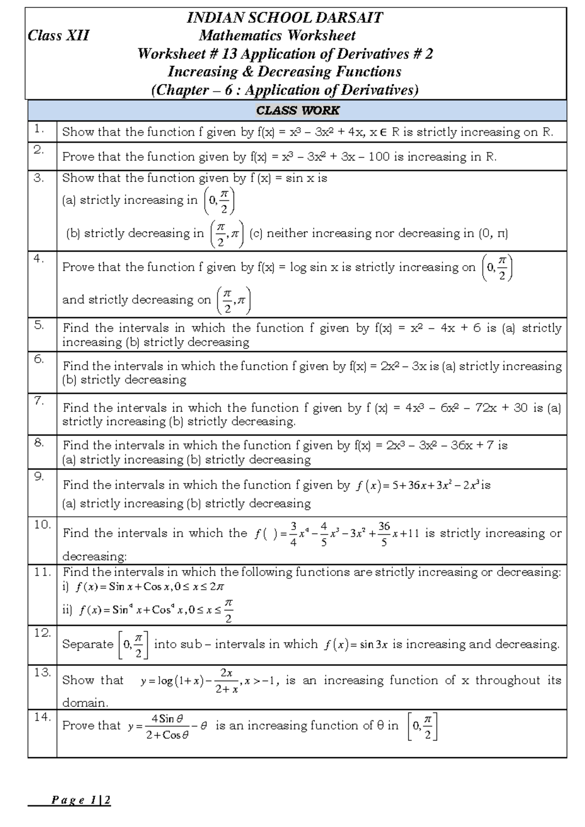 Class XII INDIAN SCHOOL DARSAIT Math Worksheet 13: Increasing/Decreasing - Studocu