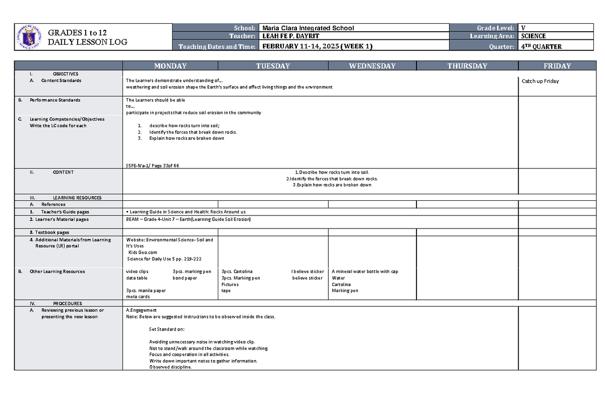 DLL Science 5 Q4 W1 - dll - GRADES 1 to 12 DAILY LESSON LOG School ...