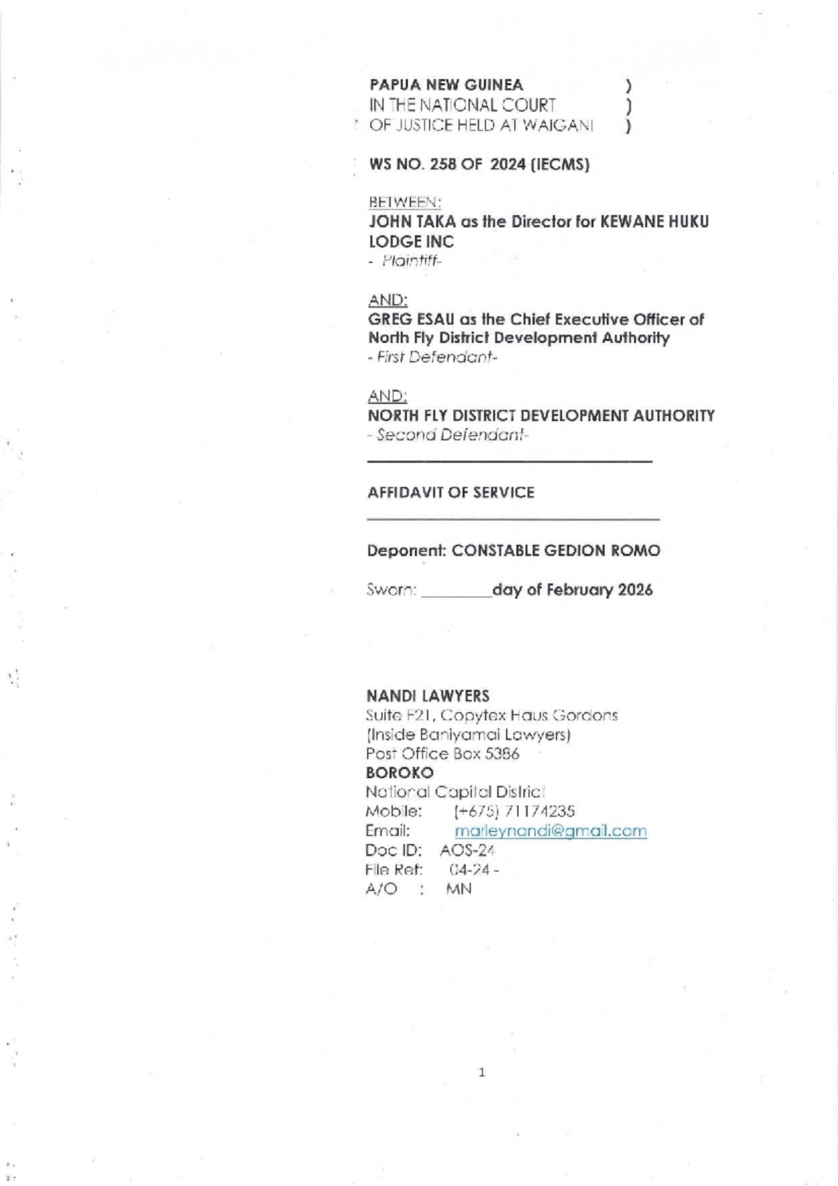 Affidavit of Service - WS No. 258 of 2024 (IECMS) in PNG National Court ...