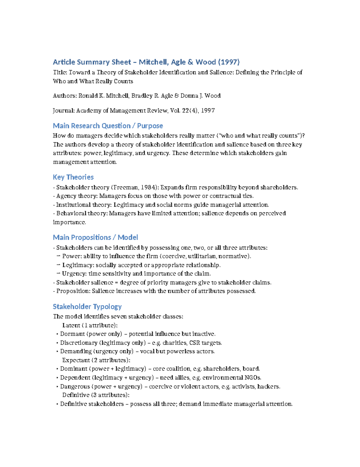 Stakeholder Theory Summary: Mitchell, Agle, Wood (1997) Analysis ...