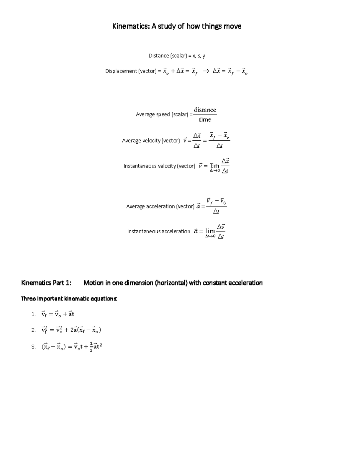 Kinematics Study Guide: Motion in 1D with Constant Acceleration (PHYS 101) - Studocu