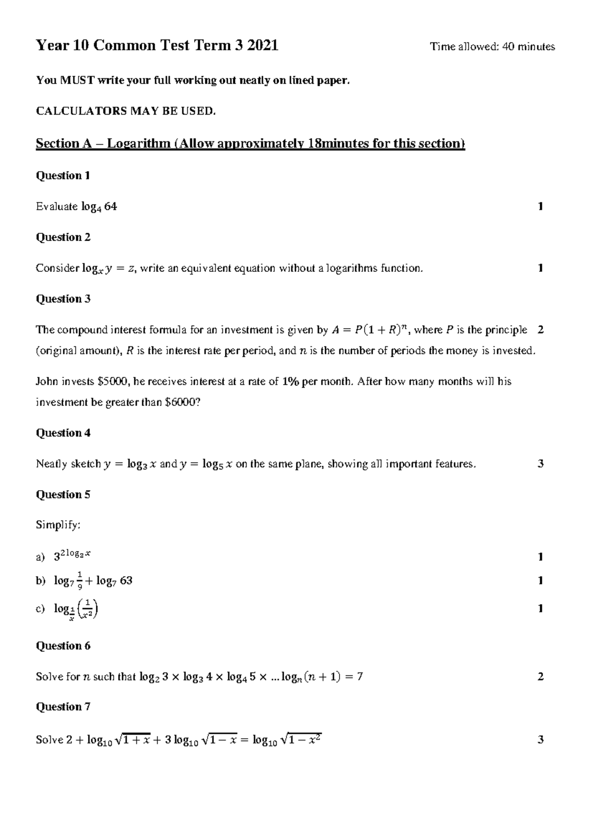 Yr10 Common Test: Logarithms & Functions Analysis 2021 - Studocu