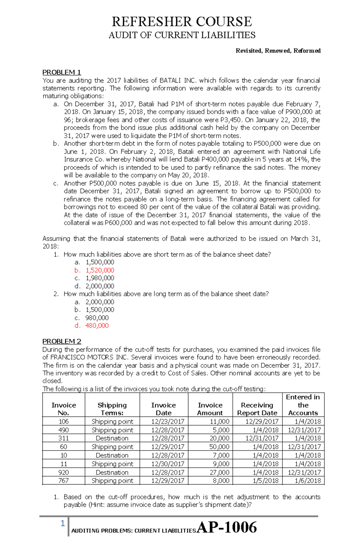 AUDITING PROBLEMS: CURRENT LIABILITIES REFRESHER COURSE - Studocu