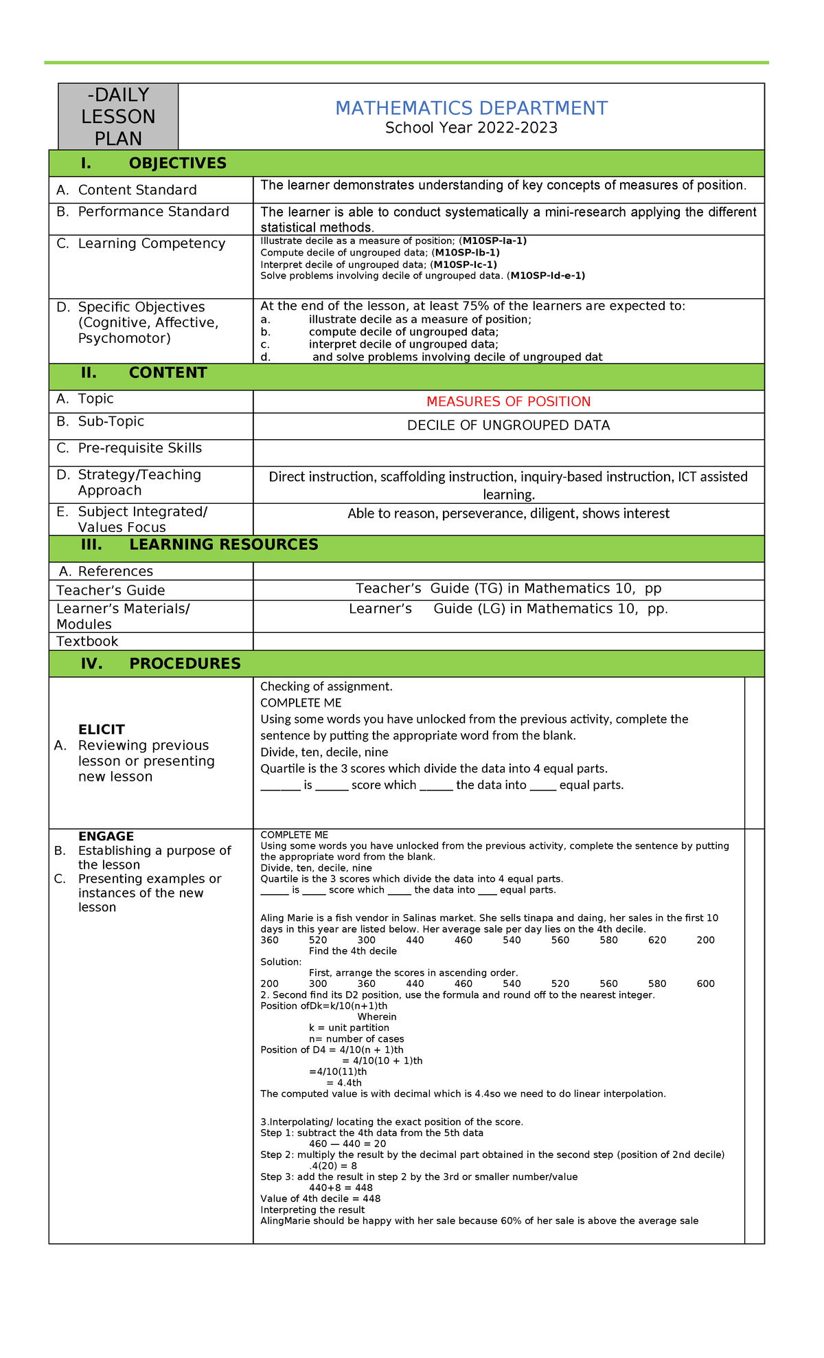 Mathematics 10 Lesson Plan: Understanding Deciles (M10SP-I) - Studocu