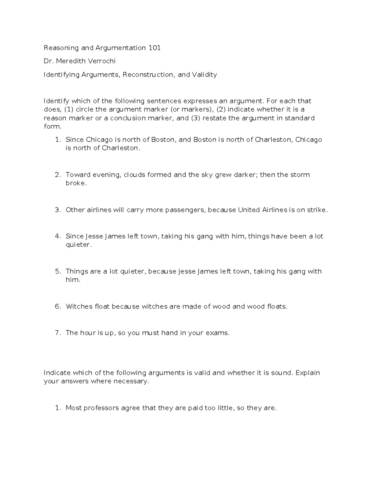 Identifying Arguments And Validity Worksheet1 Reasoning And Argumentation 101 Dr Meredith
