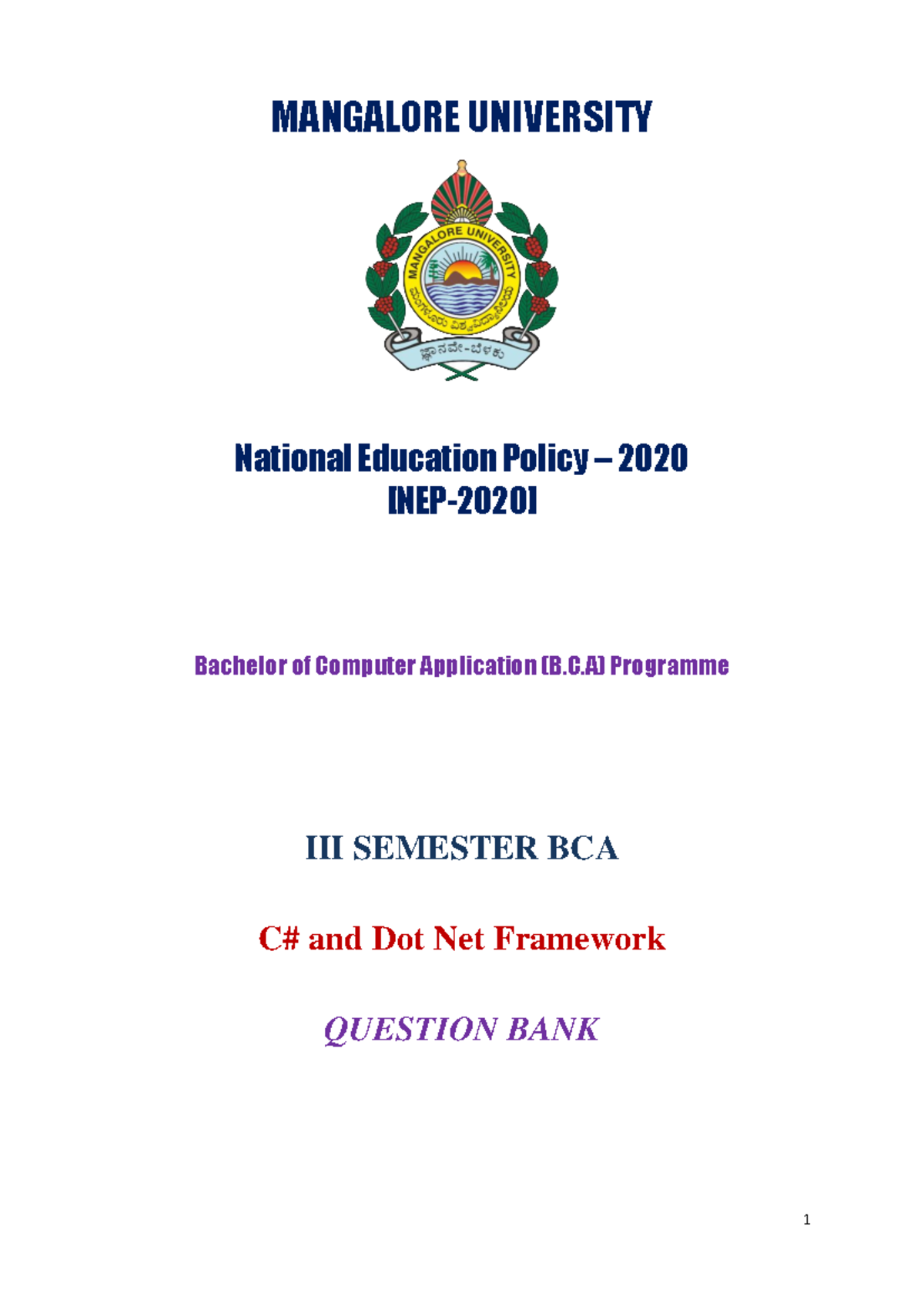 C# & Dot Net Framework Question Bank - BCA III Sem [NEP-2020] - Studocu