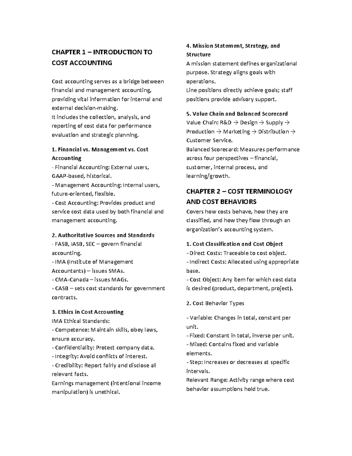 Cost Accounting (ACCT 101) Midterm Review: Key Concepts & Terminology - Studocu