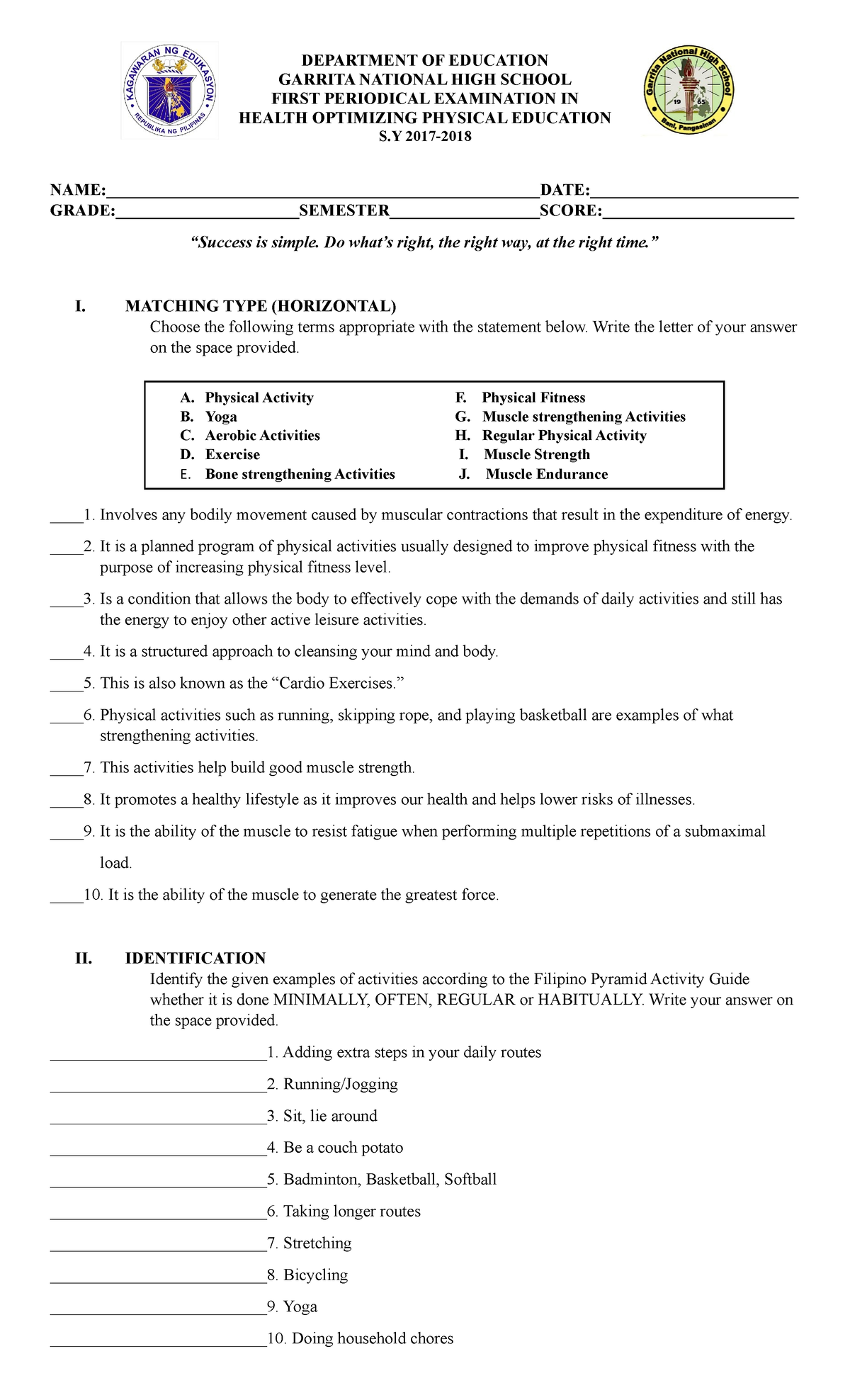 437597969 HOPE Grade 11 1st Quarter Periodical Exam Guide - Studocu