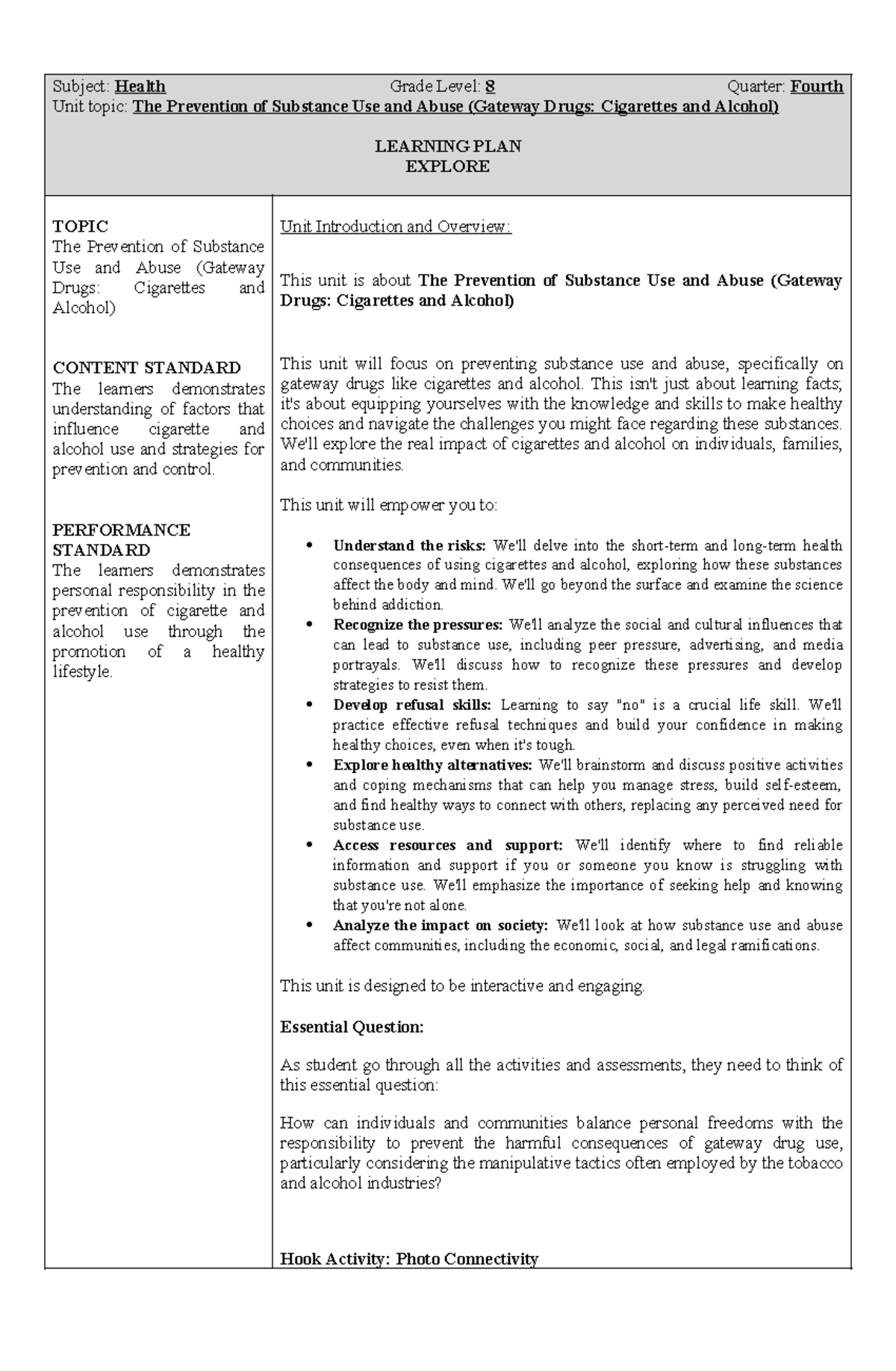 Health 8 Learning Plan: Preventing Substance Use and Abuse - Studocu