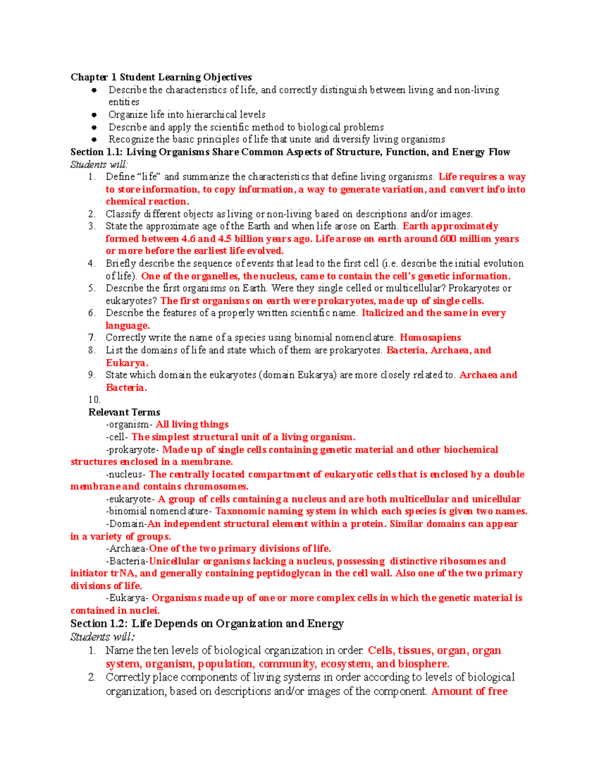 BIOL 1307: Chapter 1 Learning Objectives for Fall 2025 - Studocu