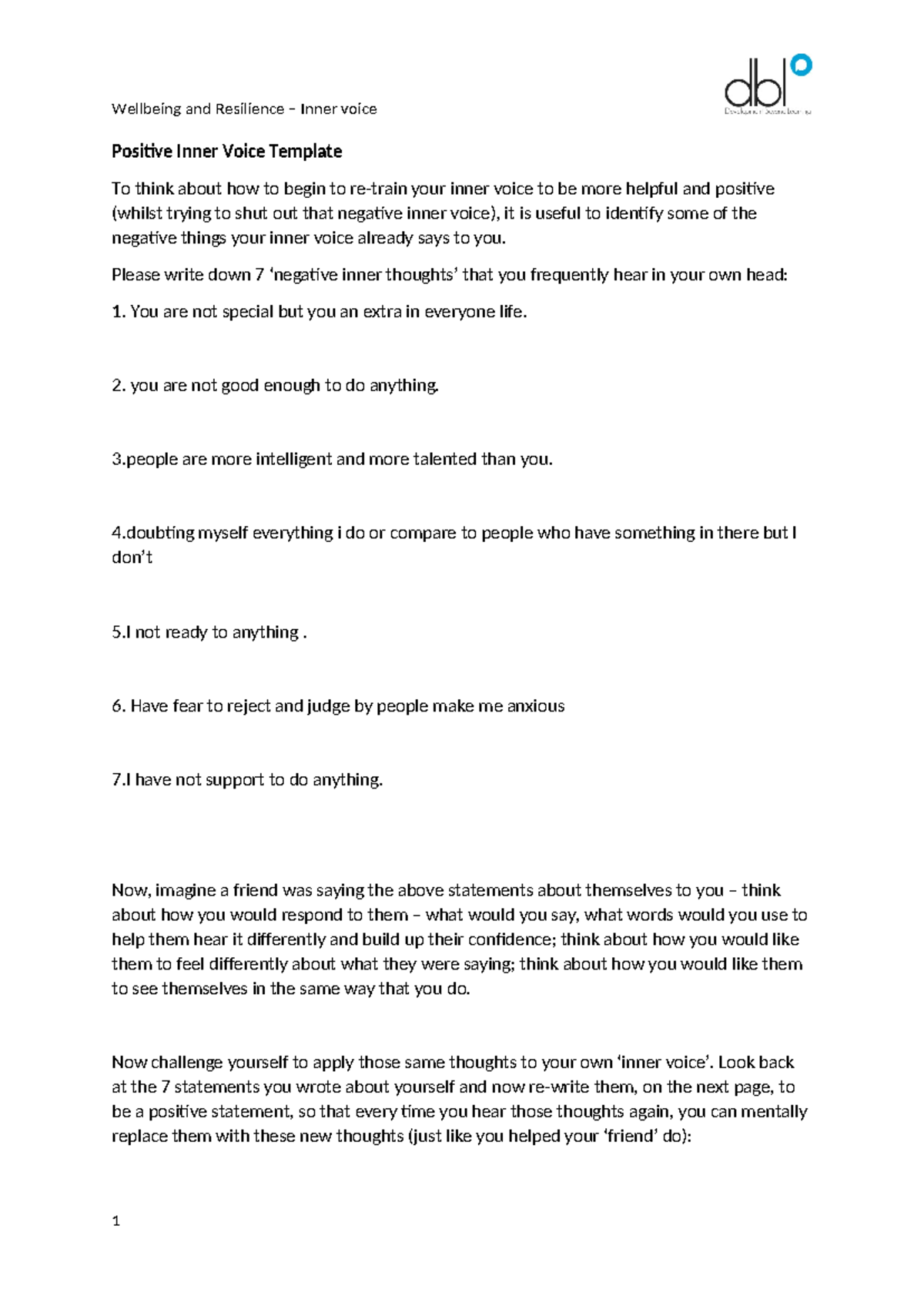 1.1 Positive Inner Voice Template - Wellbeing and Resilience – Inner ...