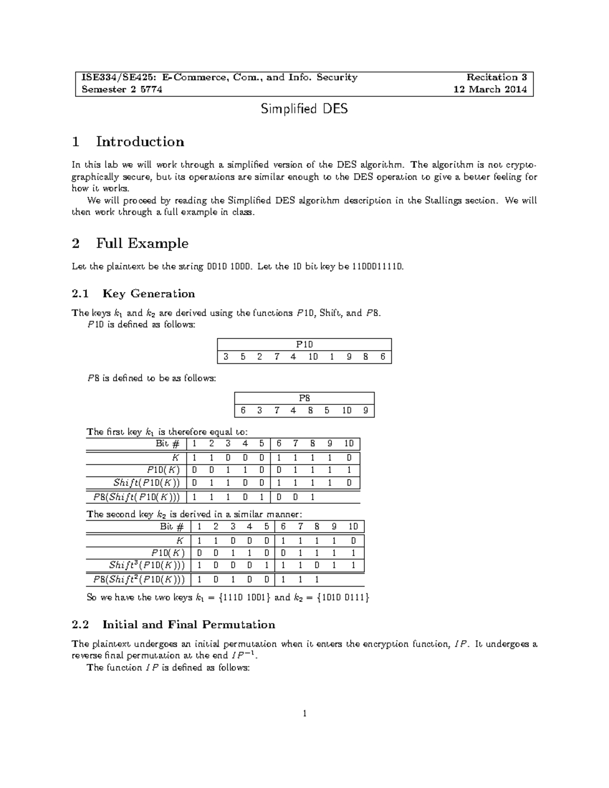 Com. & Info. Security S2 5774 Recitation 3: Simplified DES Lab - Studocu