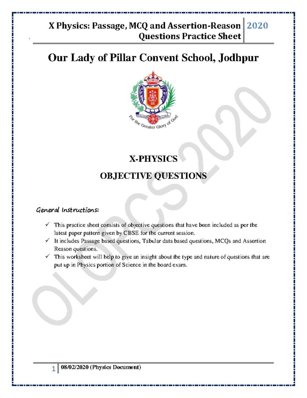 X Physics: MCQs, Passage Questions & Practice Sheet for 2020 - Studocu