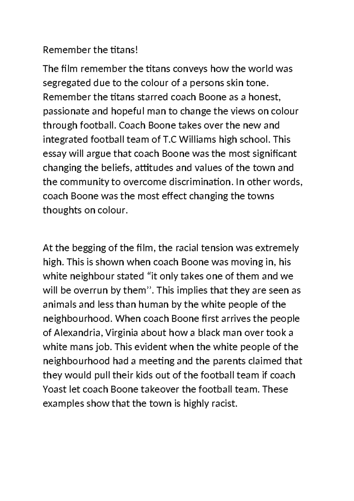 Remember the Titans - Essay Notes on Coach Boone's Impact - Studocu
