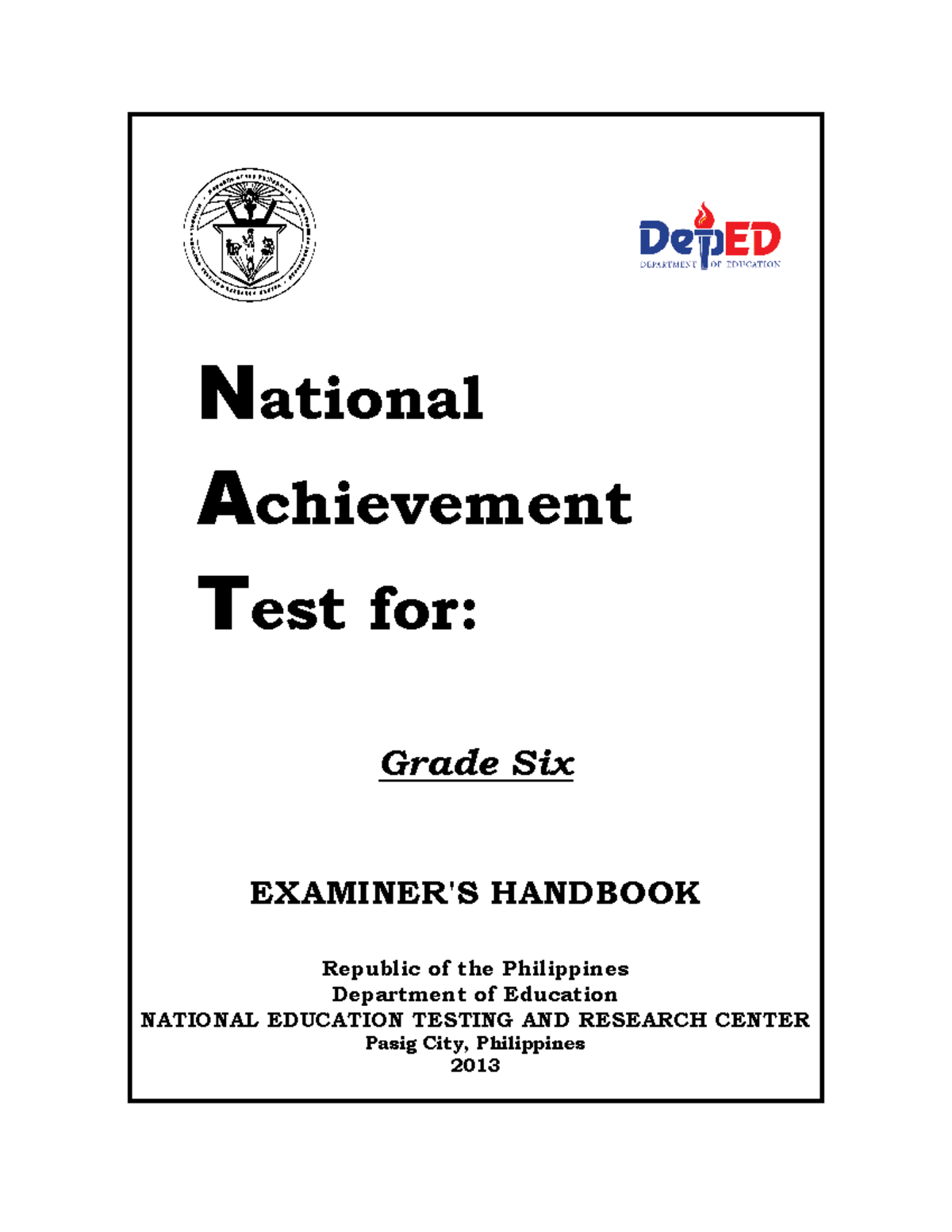 NAT Grade 6 Examiner's Handbook - 2013 Edition - Studocu