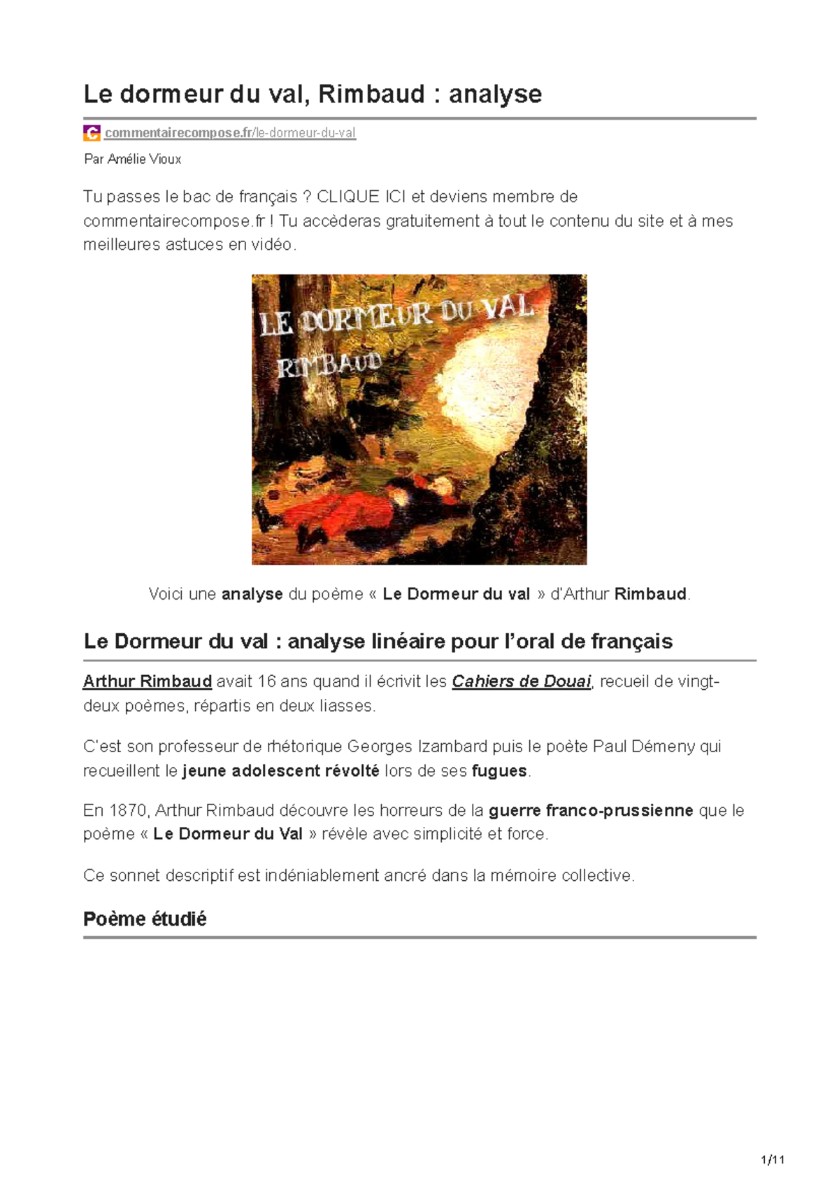 Analyse du poème "Le Dormeur du Val" de Rimbaud - Bac Français - Studocu