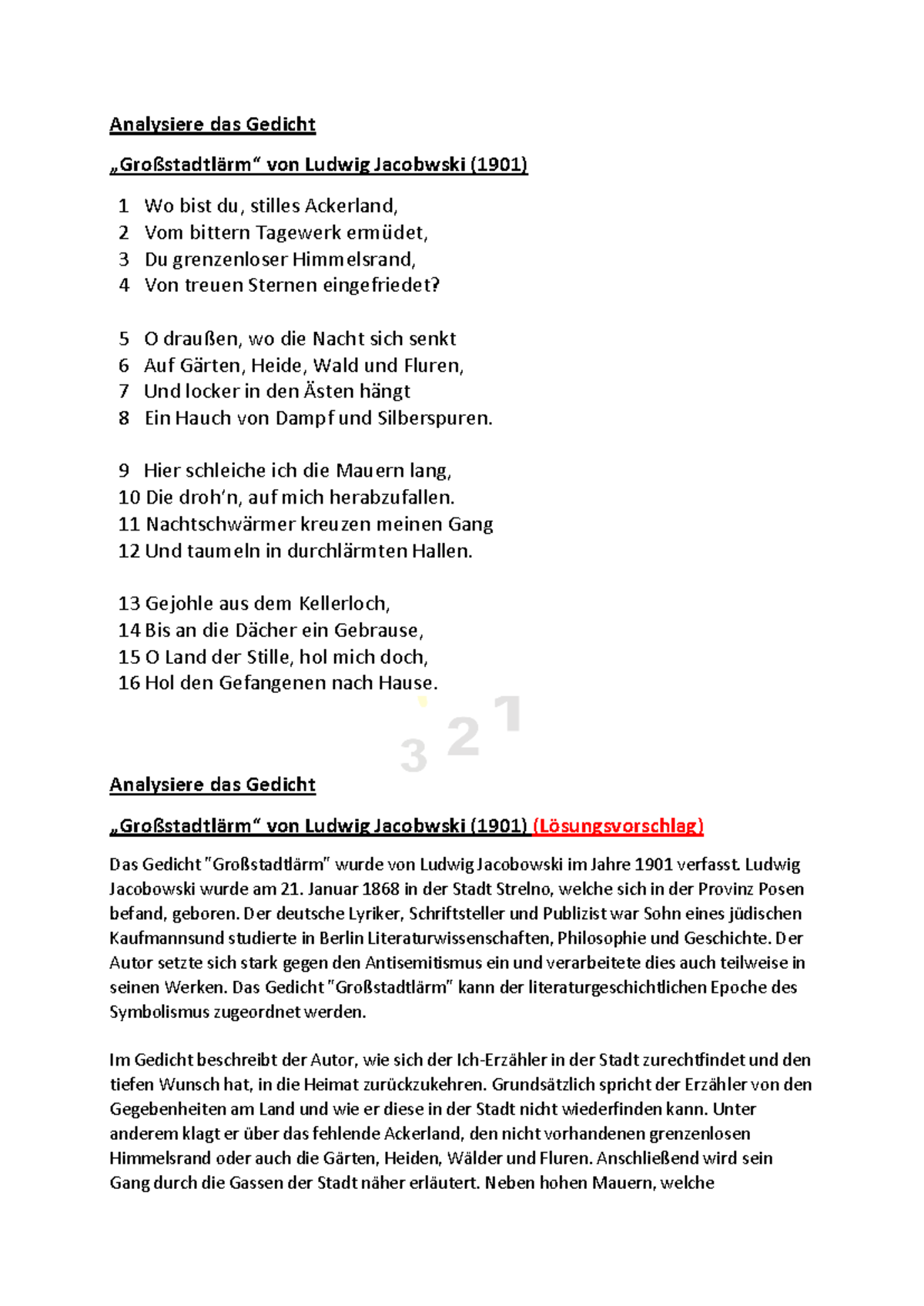 10 - Gedichtanalyse: "Großstadtlärm" von Ludwig Jacobowski (1901) - Studocu