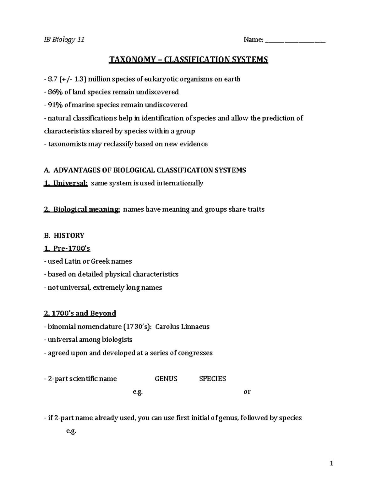 IB Biology 11: Taxonomy Classification Systems - Chapter 2 Notes - Studocu