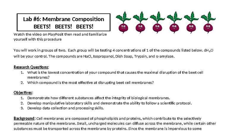 Lab #6: Membrane Composition Experiment on Beet Cell Disruption - Studocu