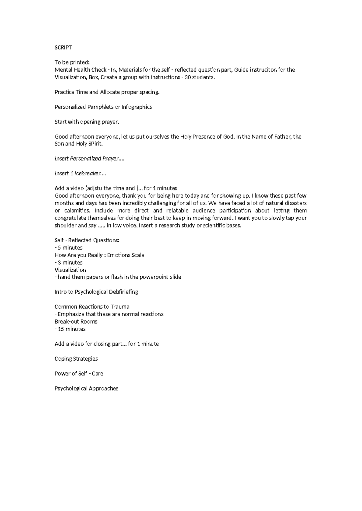 Script for Psych Debriefing: Mental Health Check-In Activities - Studocu