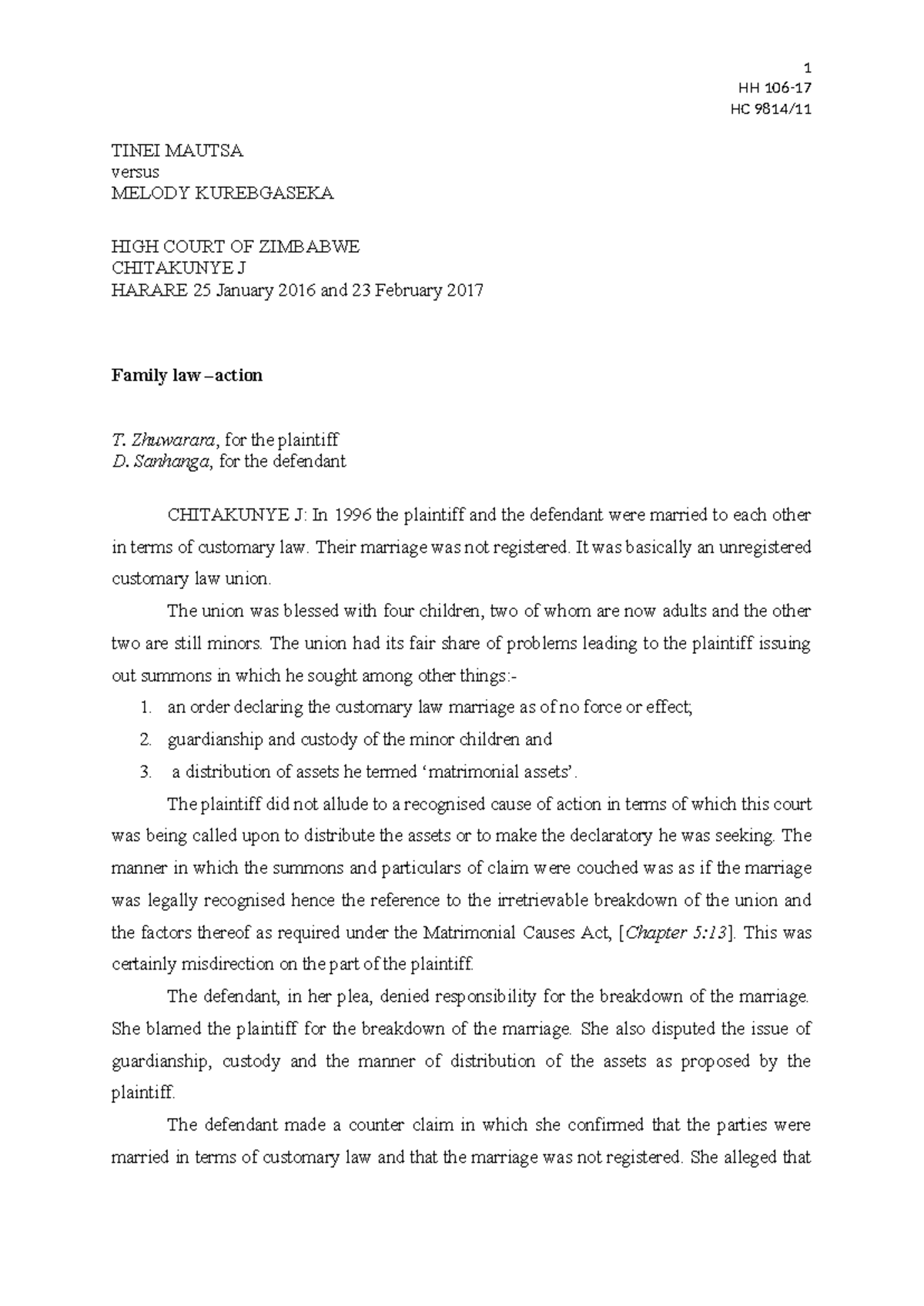 Case Study: Mautsa v Kurebgaseka (HC 9814 of 2011 HH 106 of 2017 ...