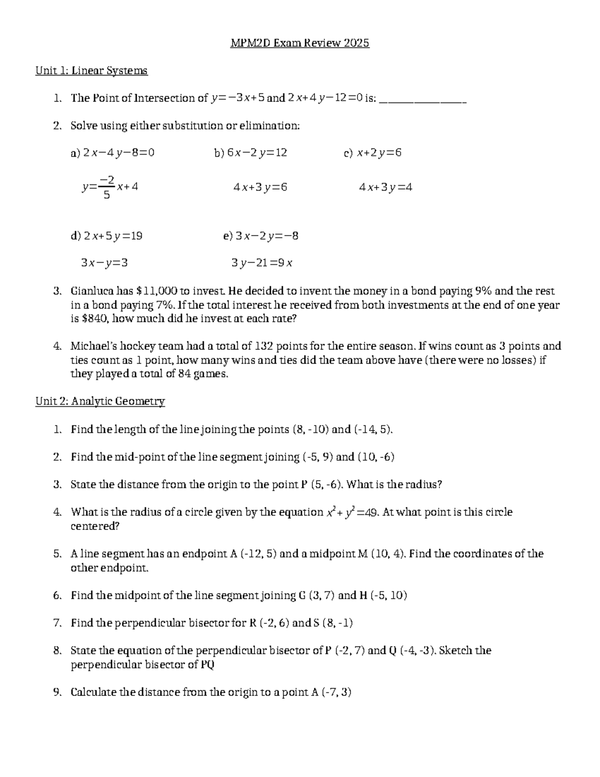MPM2D 2025 Final Exam Review: Linear Systems & Quadratic Relations - Studocu