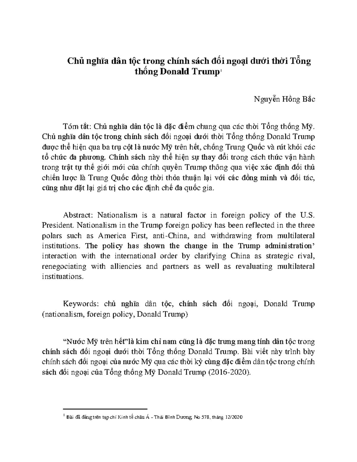 Chủ nghĩa dân tộc trong chính sách đối ngoại của Tổng thống Trump (MGT ...