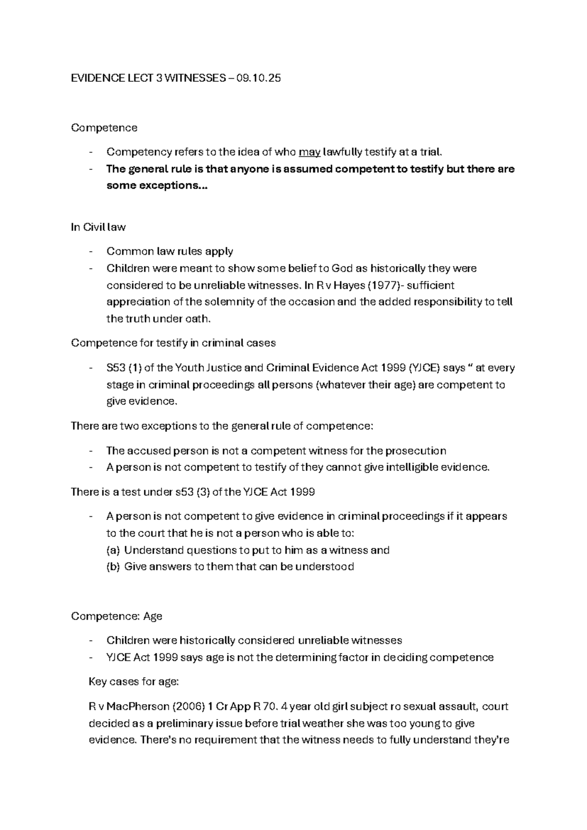 Evidence LECT 3: Competence and Compellability of Witnesses - Studocu