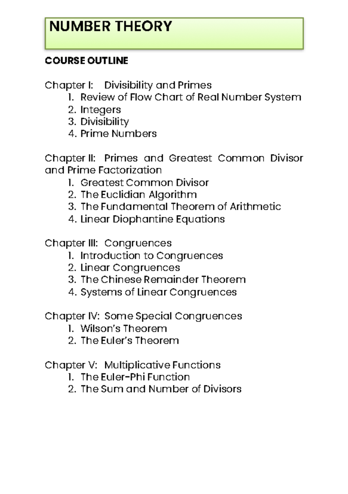 Syllabus number theory - NUMBER THEORY COURSE OUTLINE Chapter I ...