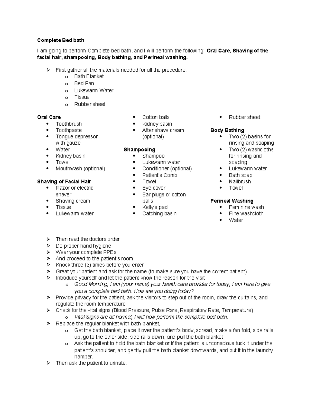 Complete Bed Bath Procedure - Step-by-Step Guide - Studocu